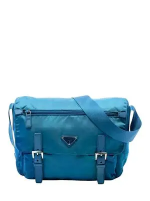 Prada Tessuto Zip Double Buckle Messenger Bag - Blue