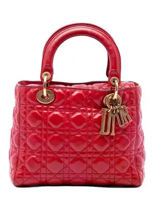 Dior Christian Dior 2018 Medium Crinkled Patent Cannage Supple Lady Dior Satchel Red