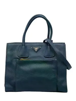 Prada 2010-2026 Vitello Daino Front Pocket Open Convertible Tote Satchel - Blue