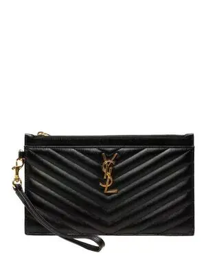 Saint Laurent 2022 Large Grain De Poudre Matelasse Cassandre Zip Pouch Clutch Bag - Black