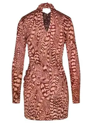JOHANNA ORTIZ Johanna Ortiz Burgundy Feather Print Twisted Neck Long Sleeve Mini Dress