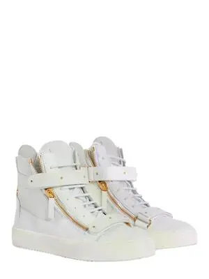 GIUSEPPE ZANOTTI Coby Patent Leather High Top Sneakers With Gold Tone Zippers - White