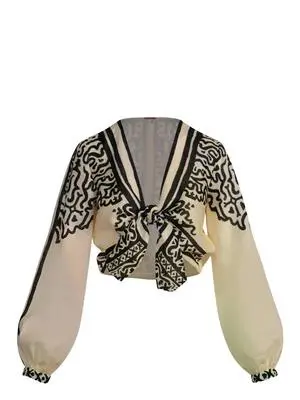 JOHANNA ORTIZ Johanna Ortiz Ecru Linen V-Neck Front Tie Cropped Top