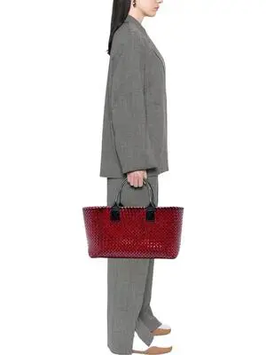 Bottega Veneta Limited Edition Medium Brushed Calfskin Intreccio Cabat Tote Bag - Red
