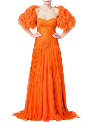 M.MARQUISE Aubrey Feather-trim Cape - Orange