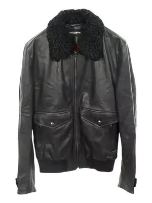 Dolce & Gabbana Leather Shearling Collar Zip-up Jacket - Black
