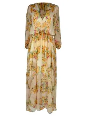 Maje Floral Print Maxi Dress With V-neck And Long Sleeves - Neutrals