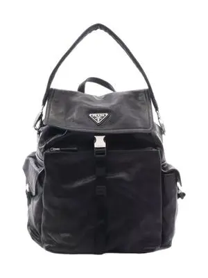 Prada Leather Triangle Logo Backpack - Black