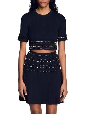 Sandro Oria Cropped Knit Top With Metallic Trim - Black