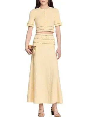 Sandro Oria Cropped Knit Top With Metallic Trim - Vanilla
