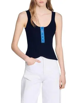 Sandro Button Front Ribbed Tank - Navy Blue