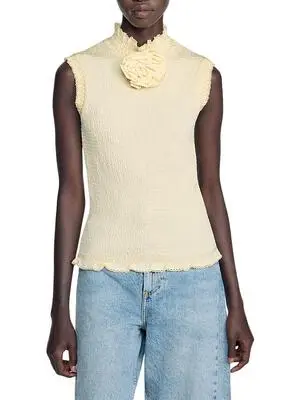 Sandro Smocked Mock Neck Top With Floral Detail - Vanilla