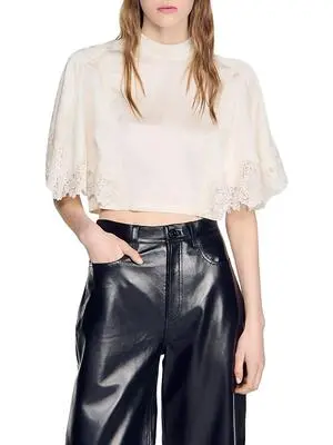 Sandro Voltige Satin Lace Trim Top - Ecru