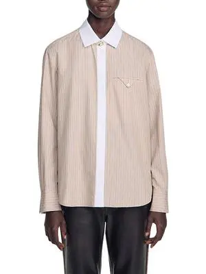 Sandro Natalya Striped Contrast Trim Shirt - Beige
