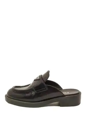 PRADA Prada Black Leather Triangle Logo Loafer Mules