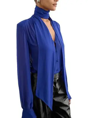 TOCCIN Kaila Sheer Print Tie Neck Blouse - Lapis