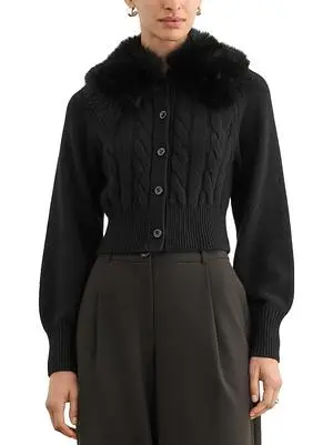 TOCCIN Rita Faux Fur Collar Cable Knit Cardigan - Jet