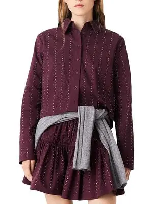 Maje Cotton Blend Embellished Shirt - Burgundy