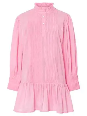 PAR Y ESCALA Cotton Mini Dress With Puff Sleeves And Ruffle Hem - Pink