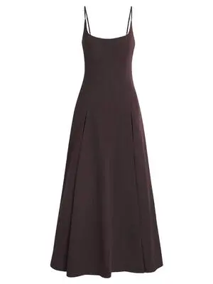 Staud Jill Midi Dress With Square Neck And Pleated Skirt - Brown