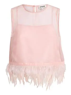 Staud Silk Organza Feather-trimmed Avi Top - Pink