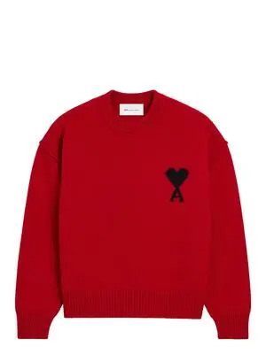 AMI Paris Red Wool De Coeur Crewneck Sweater - Ruby Red/black
