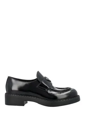 Prada Brushed Leather Loafers With Enamel Triangle Logo - Nero