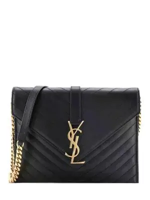 Saint Laurent Monogram Envelope Chain Bag Matelasse Chevron Leather Shoulder Bag - Black