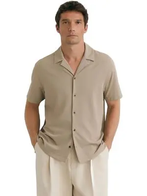 REISS River Stretch Textured Cuban-collar Shirt - Stone
