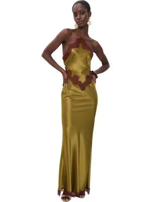 Retrofete Everly Satin Halter Gown - Basil/cigar
