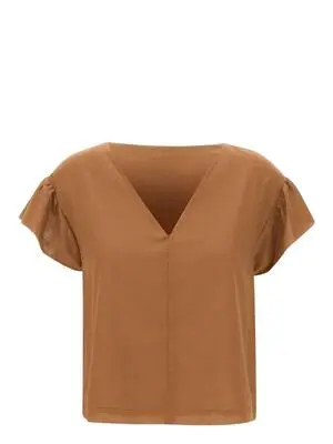 KAOS V-neck Ruffled-sleeve Top - Brown