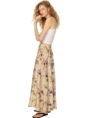 H&M Smocked-waist Skirt - Light Beige/floral