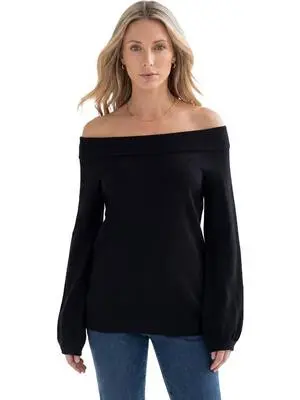 Roaman's Roaman's Off The Shoulder Blouson Sleeve Pullover Black
