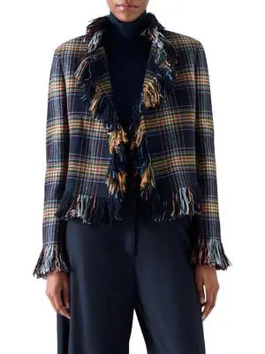 Akris Plaid Tweed Fringe Jacket - Navy