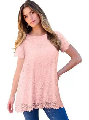 Roaman's Allover Lace Swing Tee - Soft Blush