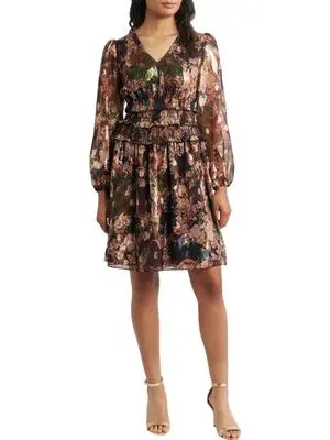 ELIZA J Eliza J Floral Print Smoked Waist Long Sleeve Dress