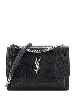 Saint Laurent Sunset Crocodile Embossed Leather Large Crossbody Bag - Black