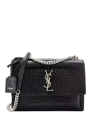 Saint Laurent Sunset Crocodile Embossed Leather Medium Crossbody Bag - Black