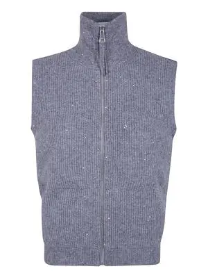 SEVENTY SEVENTY Ribbed Zip Up Sweater Vest With Paillettes