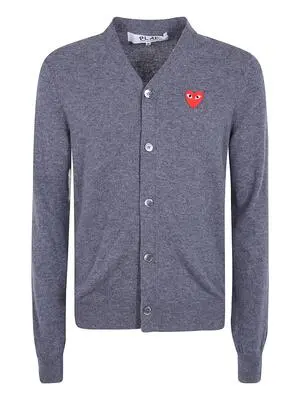 Play Comme Des Garcon V-neck Sweater With Red Emblem - Gray