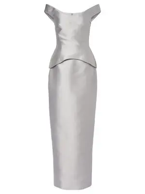 Solace London Pieta Off-shoulder Peplum Satin Gown - Grey