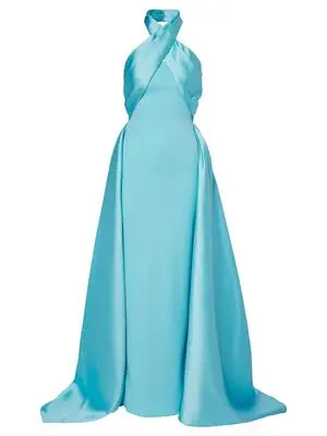 Solace London Halterneck Satin-trimmed Crêpe Gown - Blue