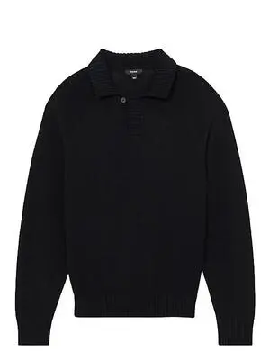 REISS Open-collar Cotton Polo Jumper - Navy