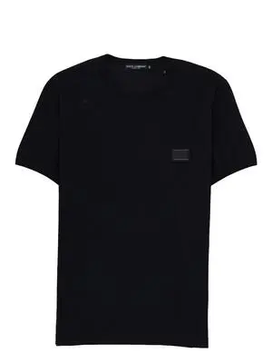 Dolce & Gabbana Cotton Crewneck T-shirt With Logo Patch - Blue