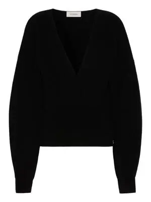 Sportmax Ribbed V-neck Sweater With Metal Logo - Nero