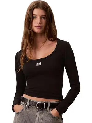 Calvin Klein Woven Monologo Rib Long Sleeve Tee - Black