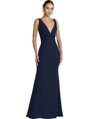 Mac Duggal Sleepless V-neck Mermaid Gown With Bow - Navy