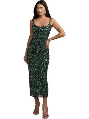 Mac Duggal Embellished Sequin Sleepless Midi Dress - Emerald