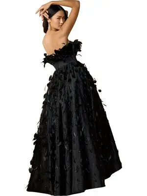 MAC DUGGAL COLLECTION Strapless Feather Embellished High Low Satin Gown - Black