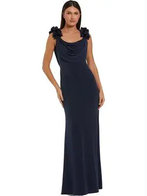 Mac Duggal Cowl Neck Jersey Gown With 3d Flower Straps - Navy